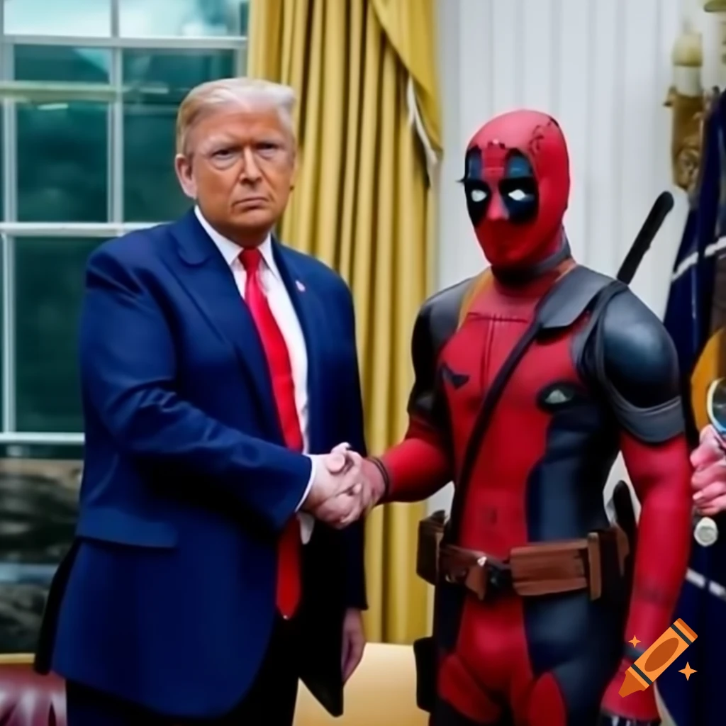 Realistic depiction of Donald Trump shaking hands with Deadpool in the ...