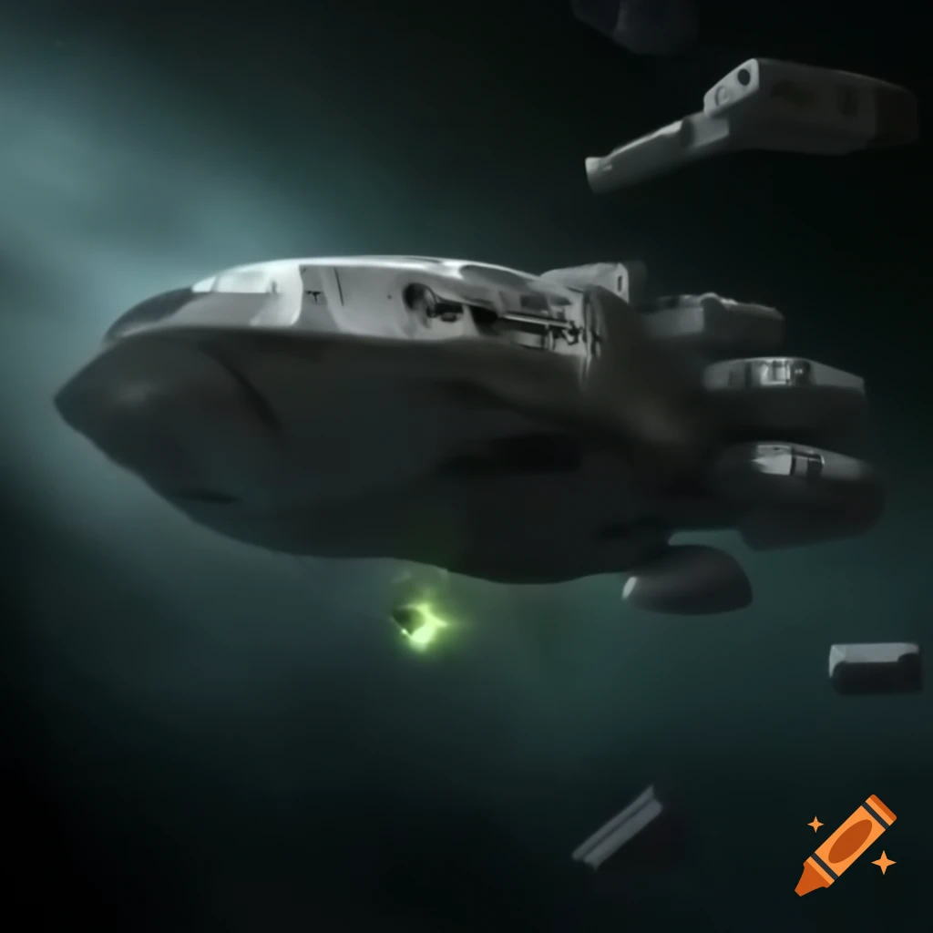 Colossal cargo spaceship adrift in space with torn hull and exposed ...