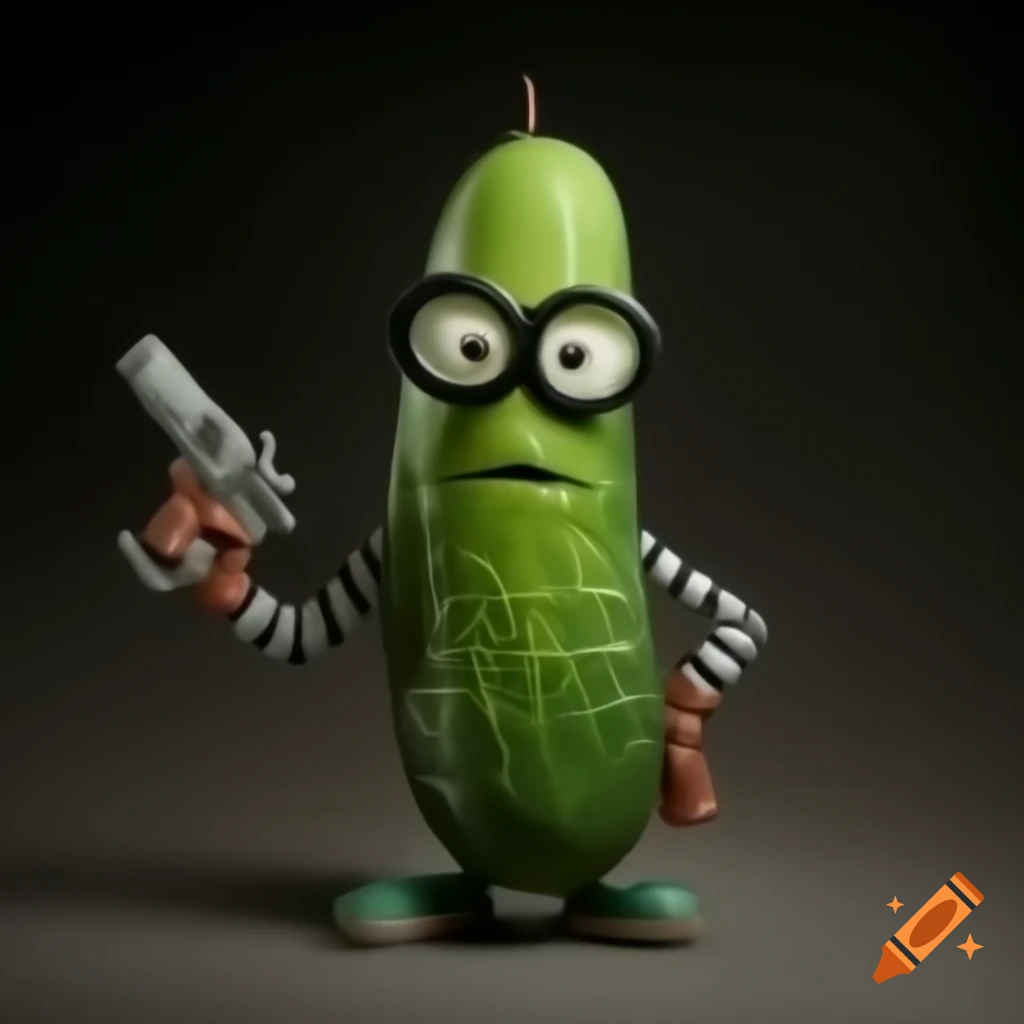 Cucumber character in striped suit and dark glasses posing with ...