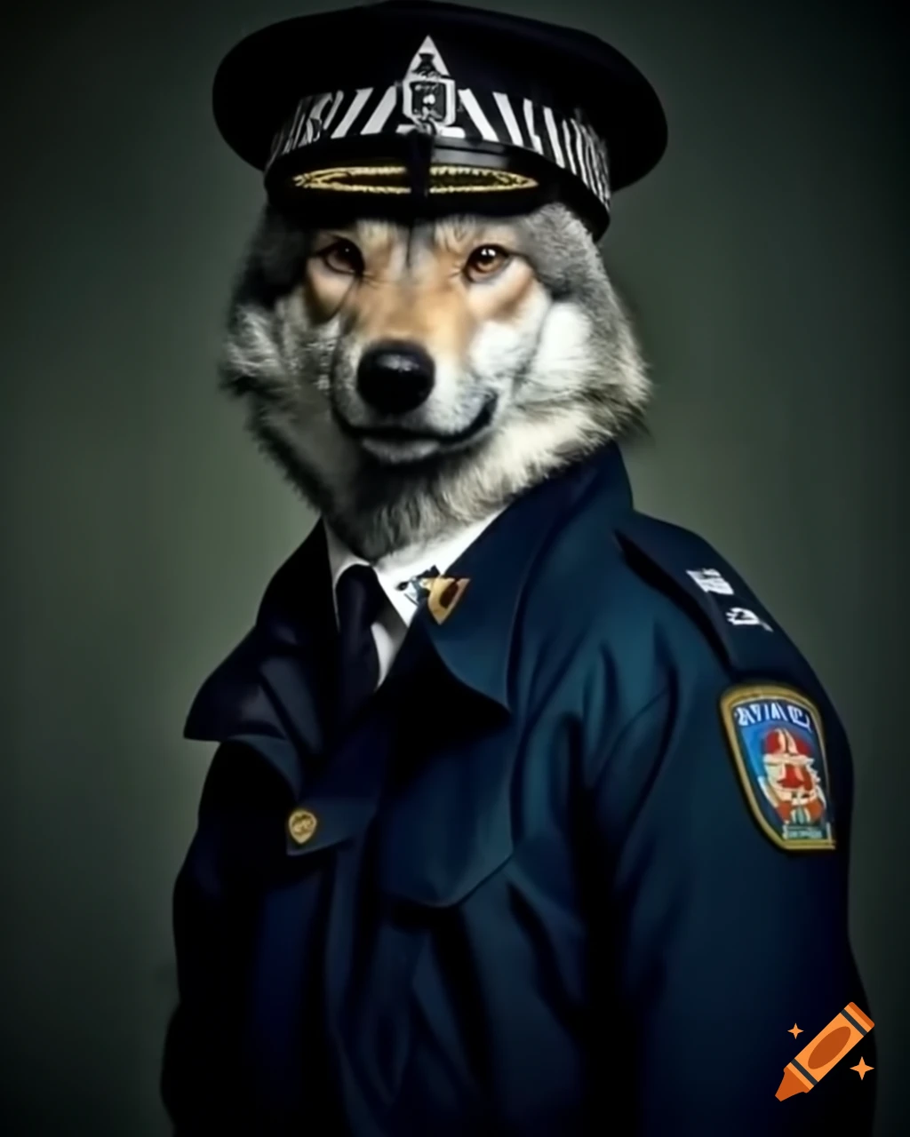 Big bad wolf as a British police officer looking sternly on Craiyon