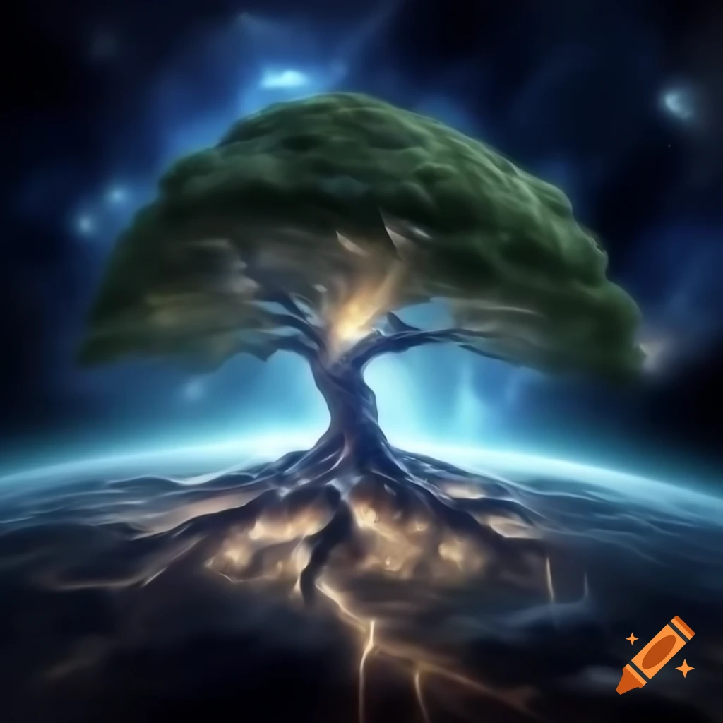 Cosmic tree with glowing roots and branches reaching stars, surrounded ...