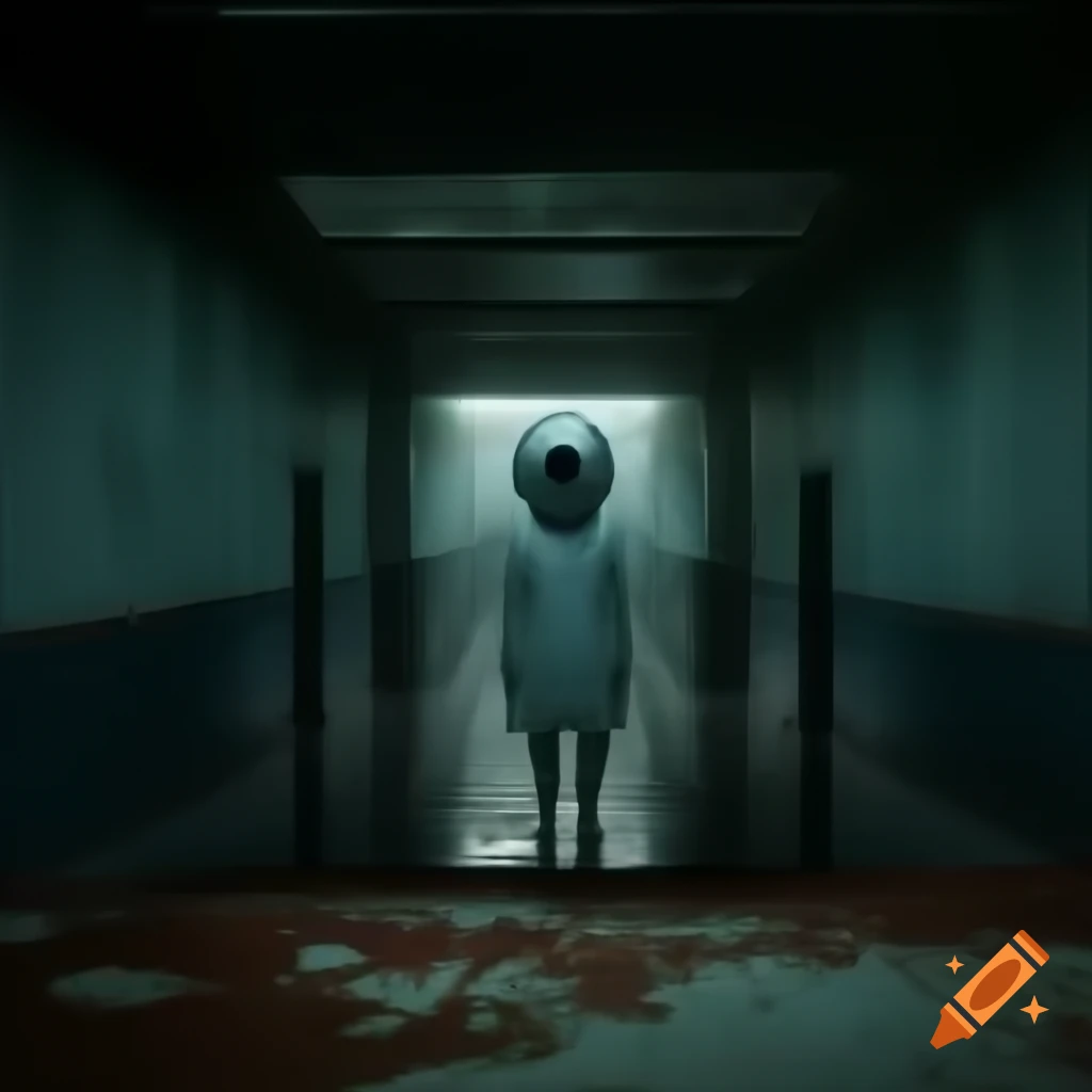 Liminal humanoid creature in dark rusty hallway with dim fluorescent ...