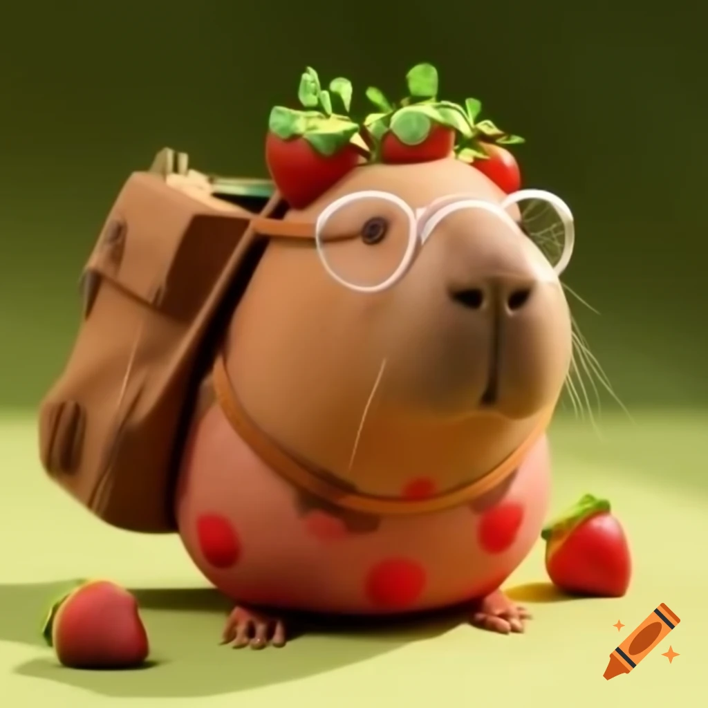 Capybara in natural light with strawberry backpack, sitting on hind ...