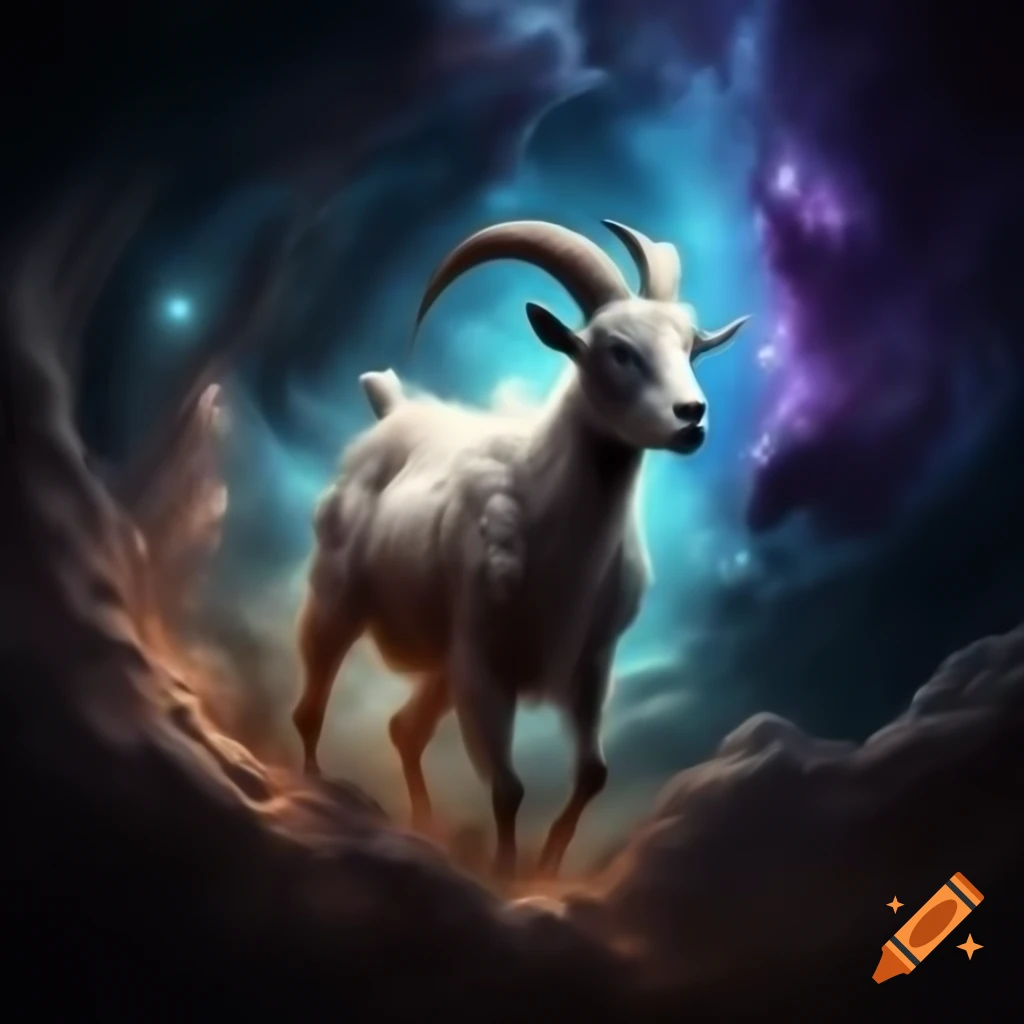 Celestial goat being traveling through cosmos with galaxies and nebulae ...