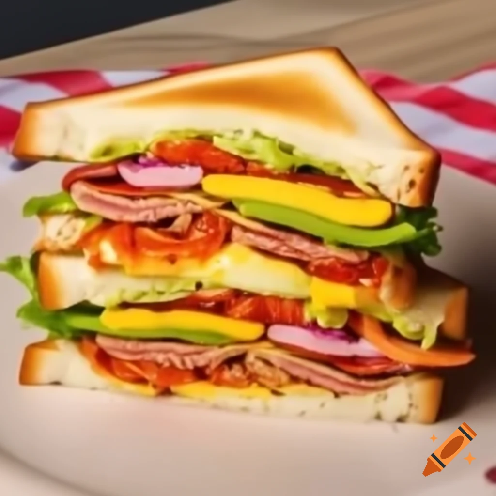 Delicious club sandwich with layers of meat and vegetables on Craiyon