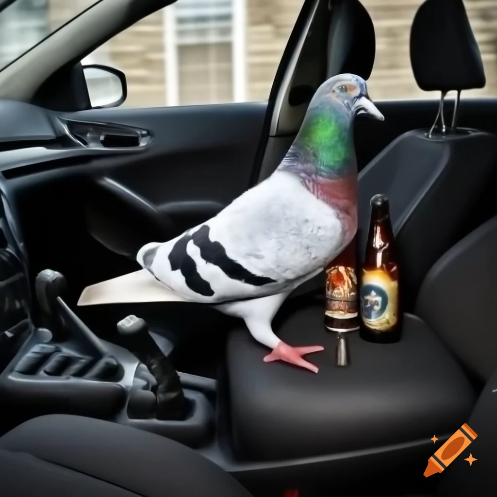 Pigeon driving a car towards house with beer and cigarettes on Craiyon