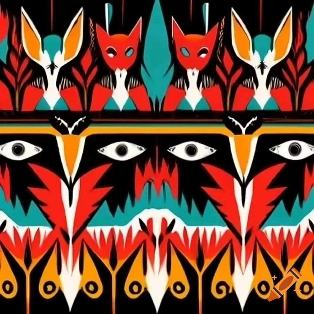 Color serigraph of native Salish motifs featuring foxes, hedgehogs, and ...