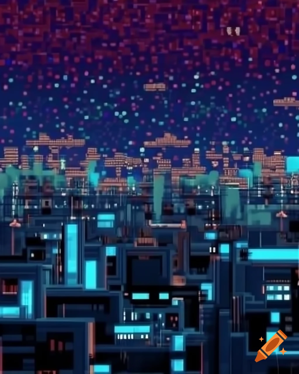 Pixelated urban cityscape in a digital world with glitter on Craiyon