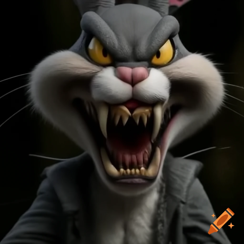 Realistic dark depiction of bugs bunny with sharp teeth on Craiyon
