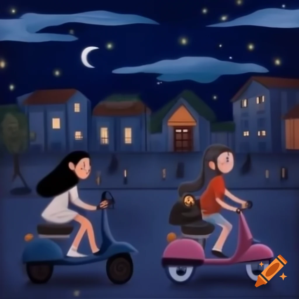 Friends riding scooters in city at night with moon in distance on Craiyon