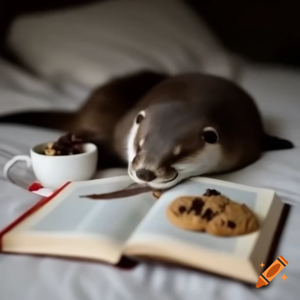Relaxed otter sleeping near a book and steaming cup with chocolate-chip ...