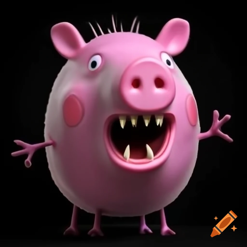Realistic scary character inspired by peppa pig with sharp teeth in tim ...