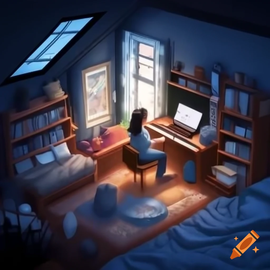 Cozy brightly lit bedroom featuring dual digital workspace, piano, and ...