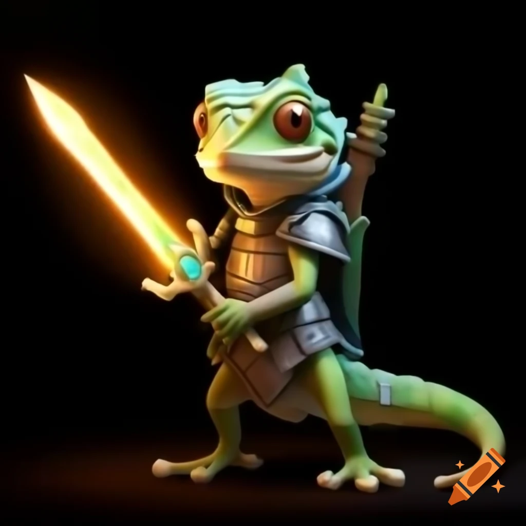 Gecko in valkyrie armor standing with glowing sword on Craiyon