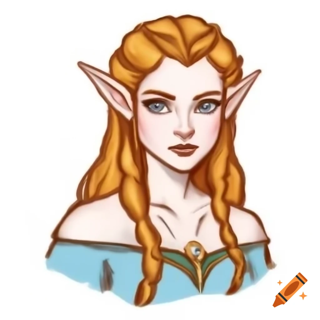 Female elf with pale skin and golden-red hair in medieval dress, Disney ...