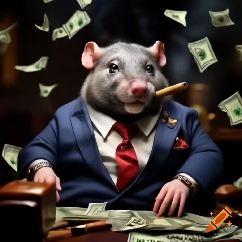 Realistic cartoon rat mafia boss surrounded by money in sewers on Craiyon