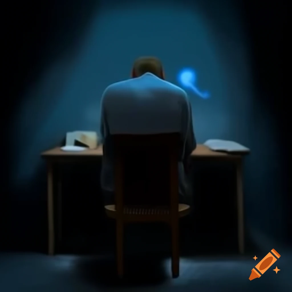 Man sitting at desk in dark setting, blue tones symbolizing sadness and ...