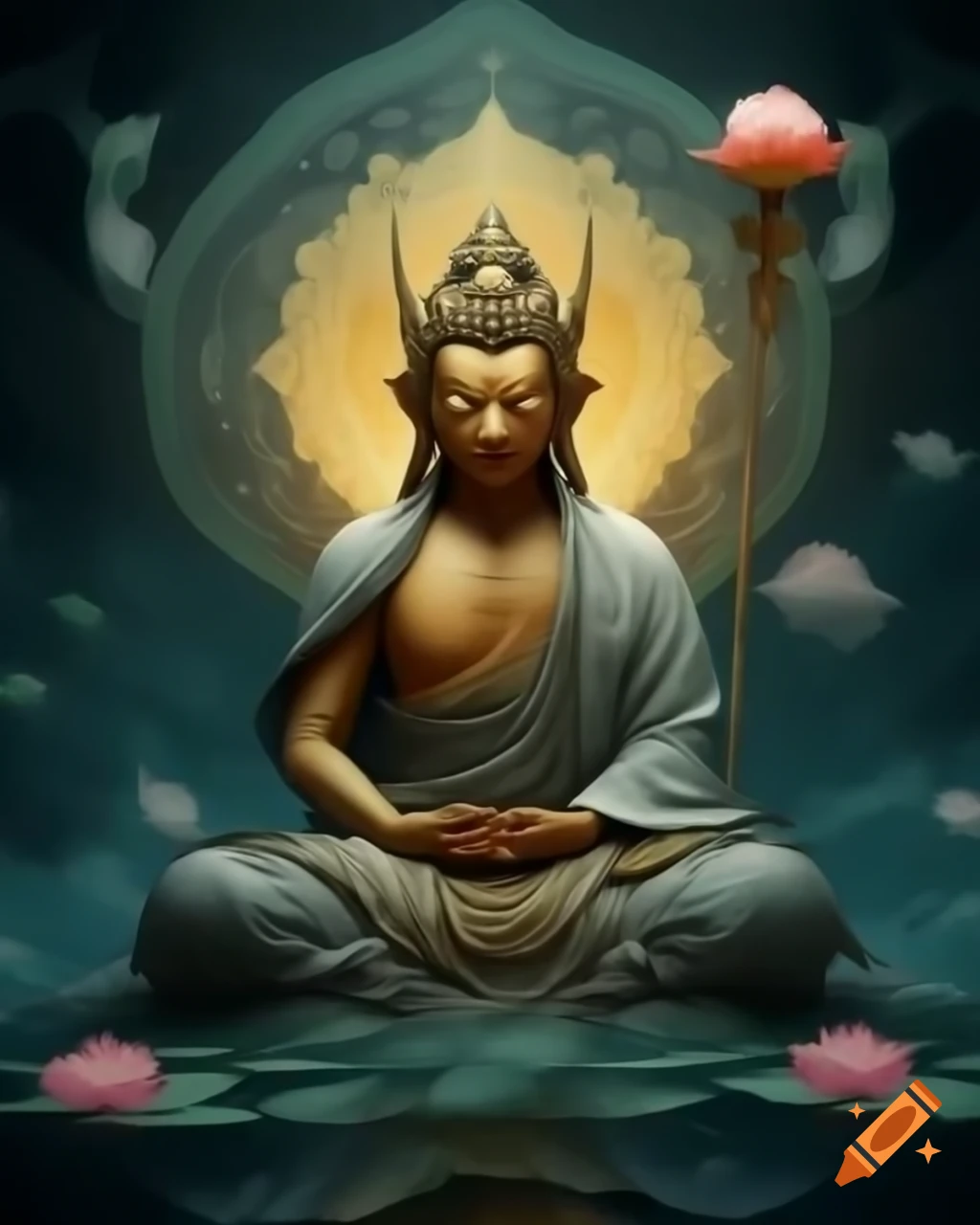 Sun Wukong seated in meditative lotus position on floating lotus flower ...