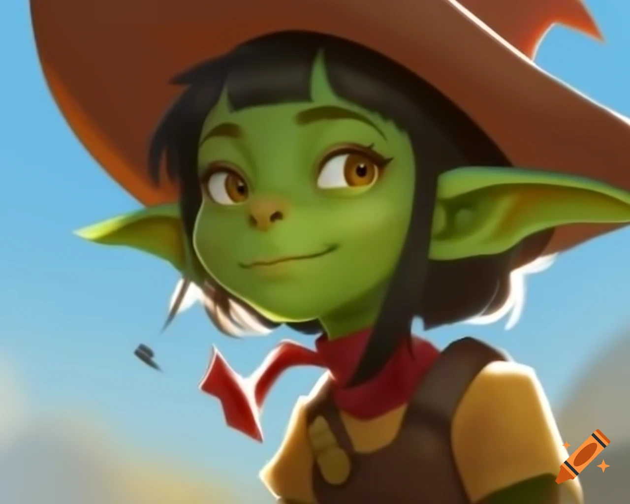Green-skinned goblin girl tipping cowboy hat playfully on Craiyon