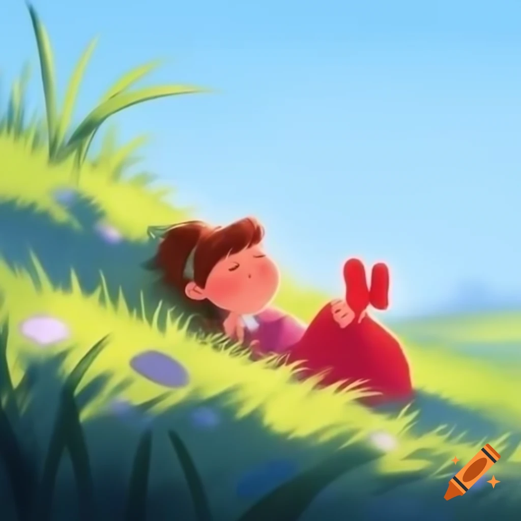Red shoe princess character sleeping in soft grass and flowers on a ...