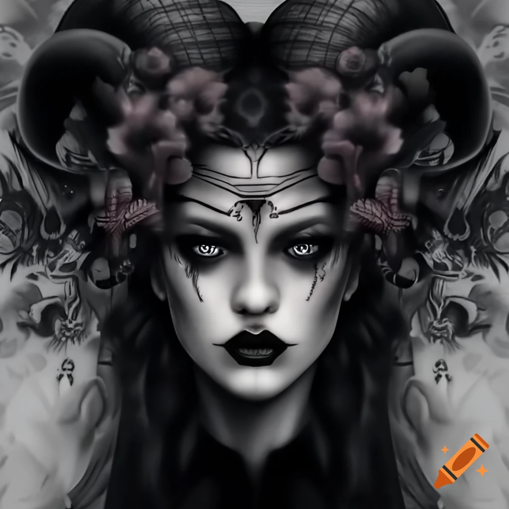 Witchy portrait of goddess aries with floral hair and horns, black ink ...