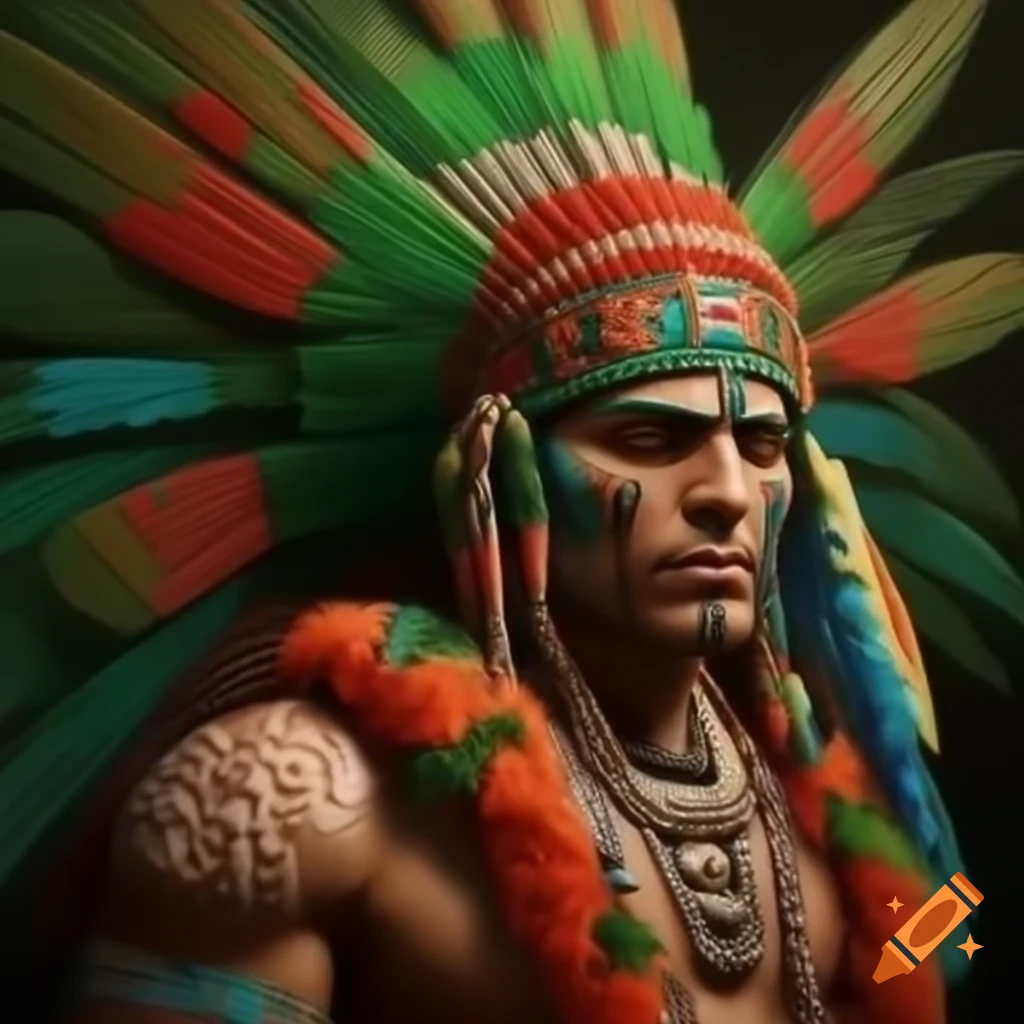 Maya warrior wearing feathered headdress, holding a decorated lance and ...