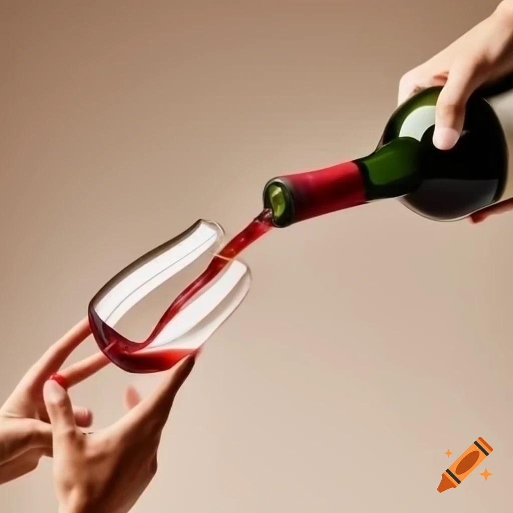 Hand pouring wine from bottle into glass held by two hands on Craiyon