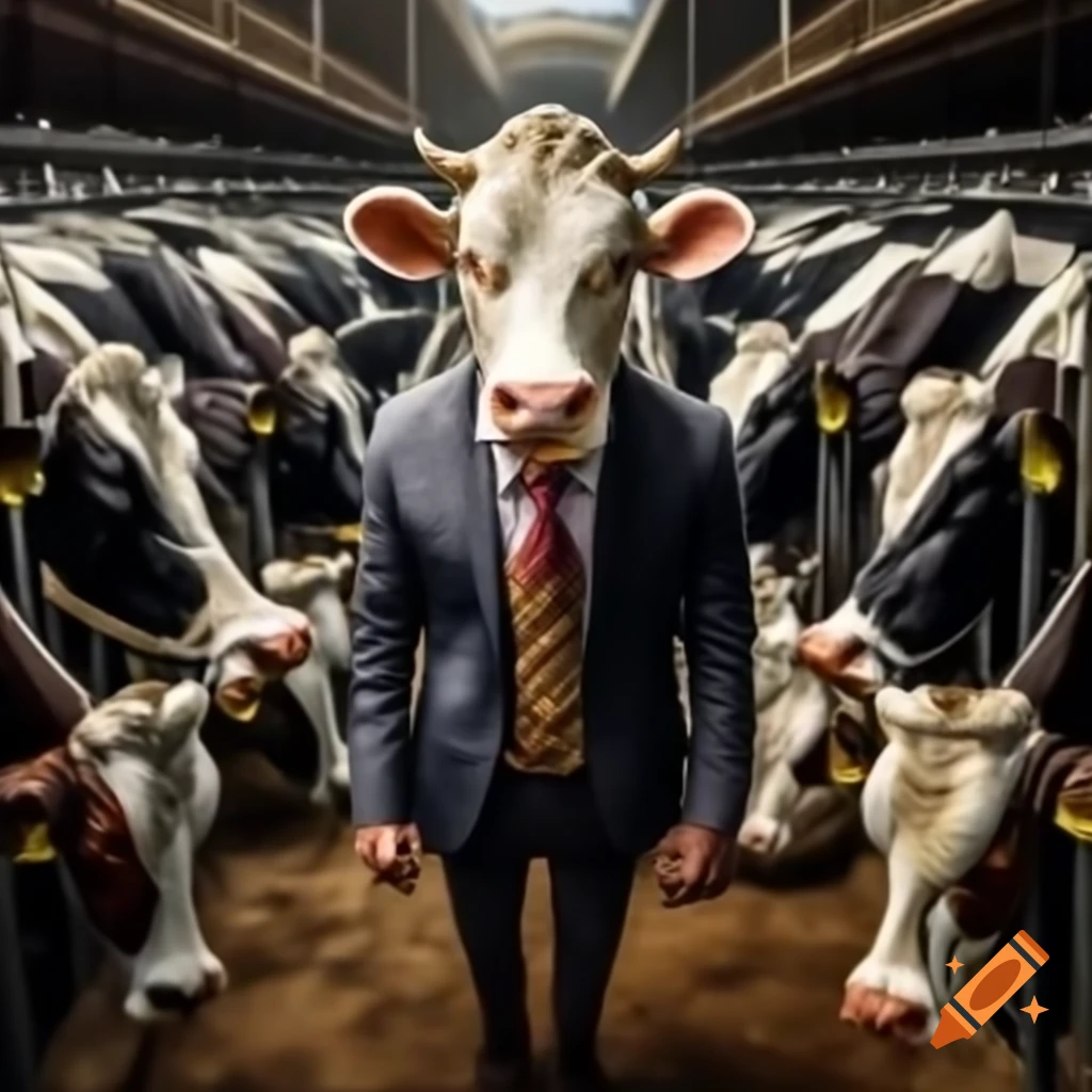 Anthropomorphic cow in suit rescuing other cows on Craiyon