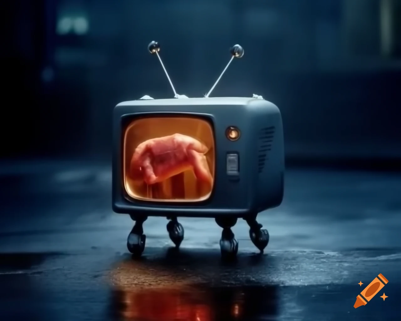 Futuristic robot television with legs amidst UFOs in a smoky rainy ...