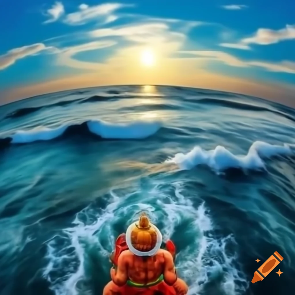 POV scene from Hanuman Ji flying over ocean at sunset on Craiyon