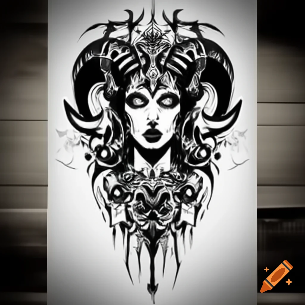 Detailed black ink tattoo stencil of Aries goddess with ram horns and ...