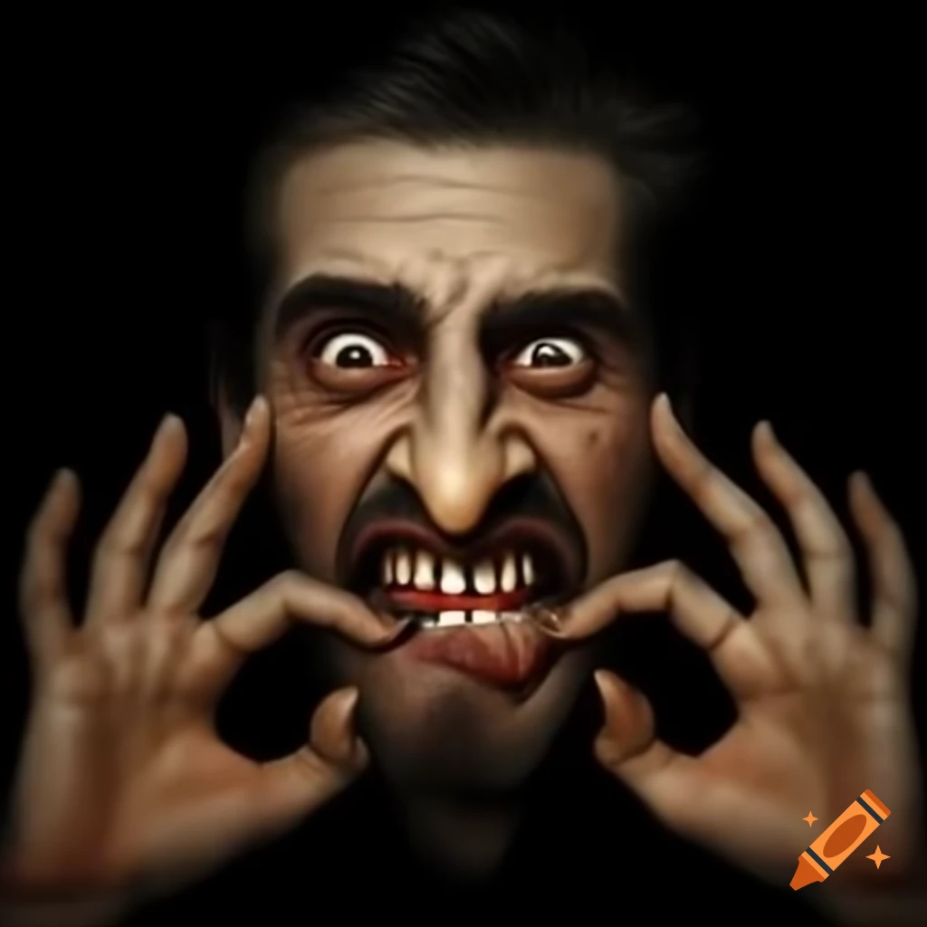 Abstract character with three eyes, long droopy nose, and jagged teeth ...