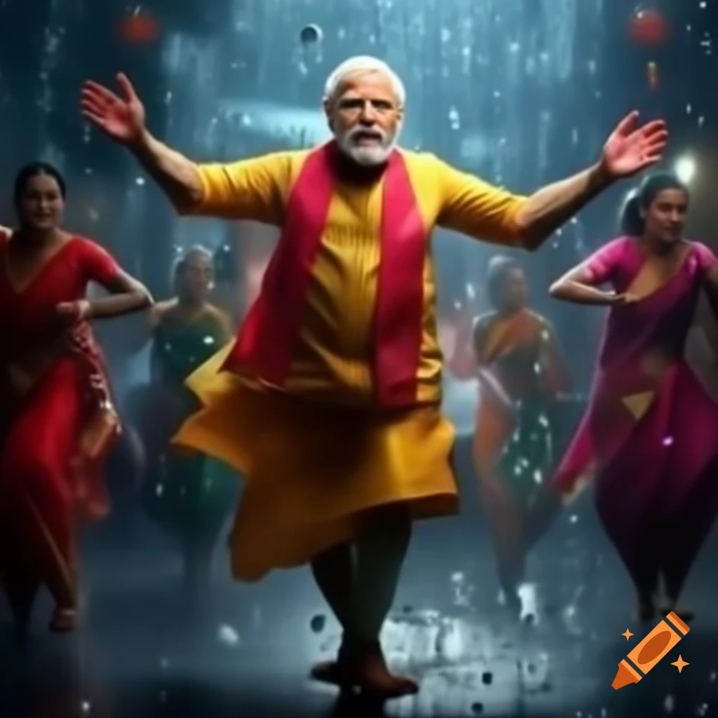 Narendra Modi performing traditional Indian dance in the rain, vibrant ...