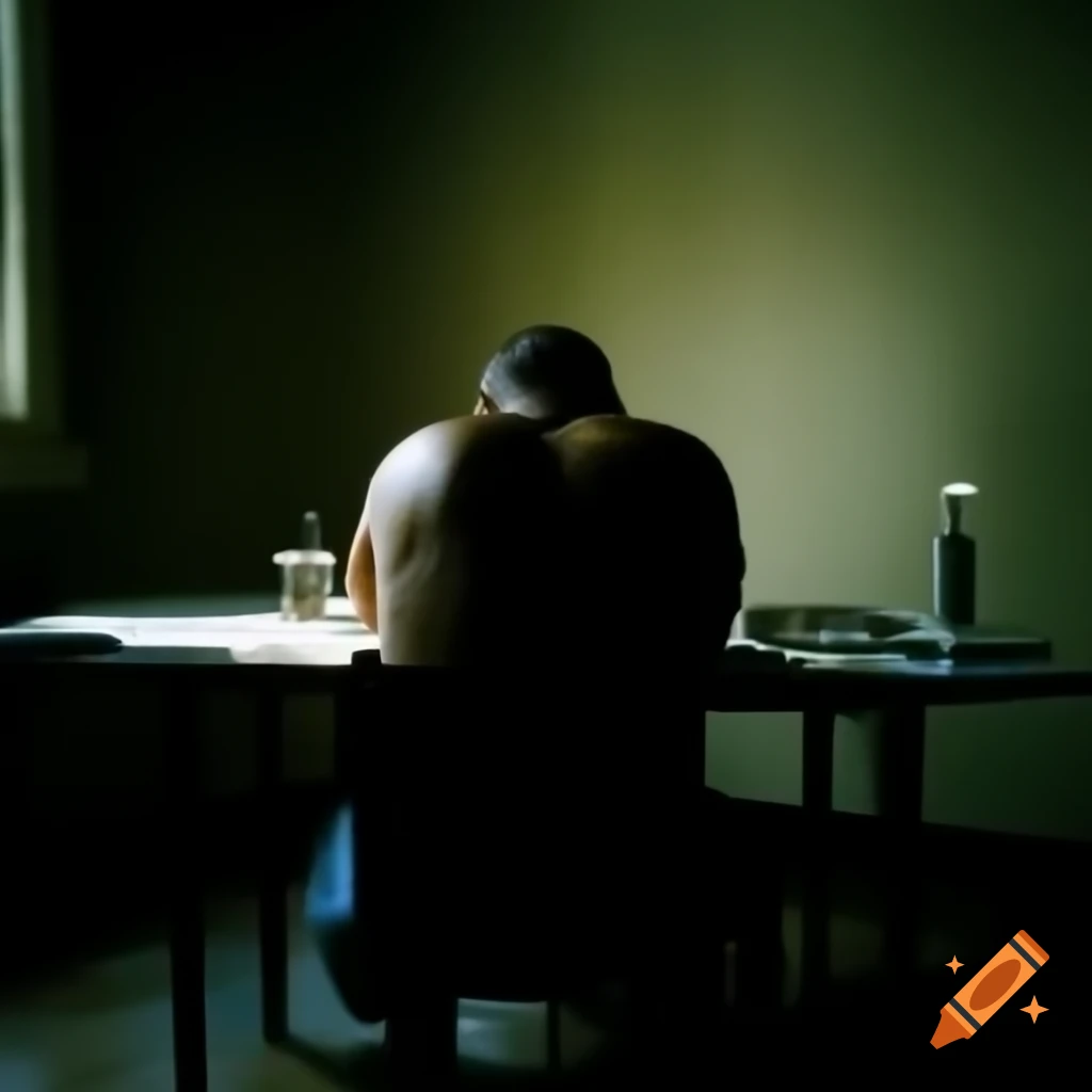 Mysterious man sitting at table illuminated by soft light on Craiyon