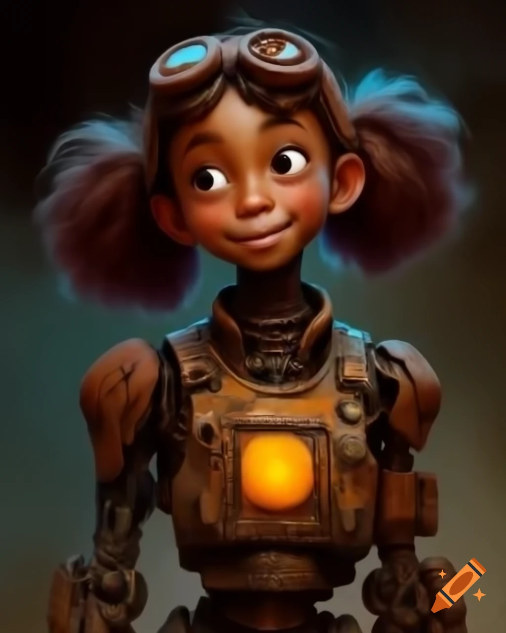Cheerful rusty cyborg girl with steampunk torso in anime style on Craiyon