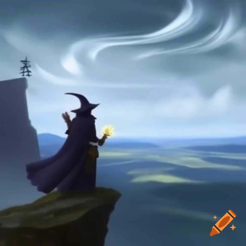 Wizard on cliff overlooking valley with scroll in hand on Craiyon