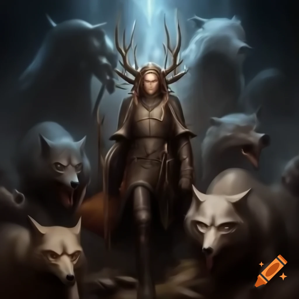 Goddess of beasts carrying souls surrounded by wolves and dragons in ...