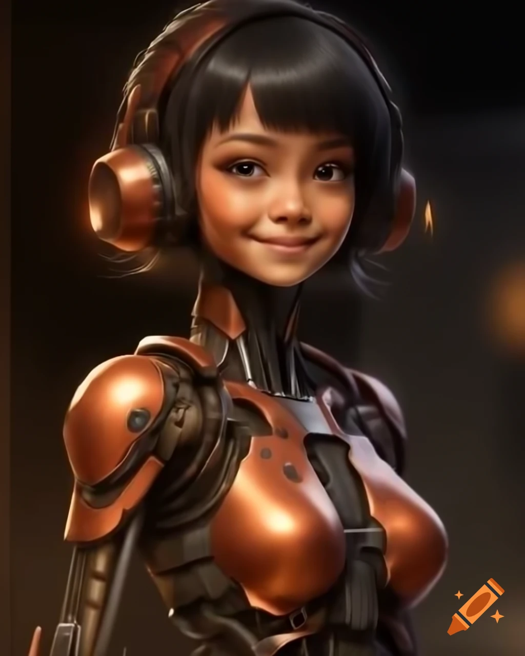 Cheerful copper cyborg girl with steampunk torso, anime style on Craiyon