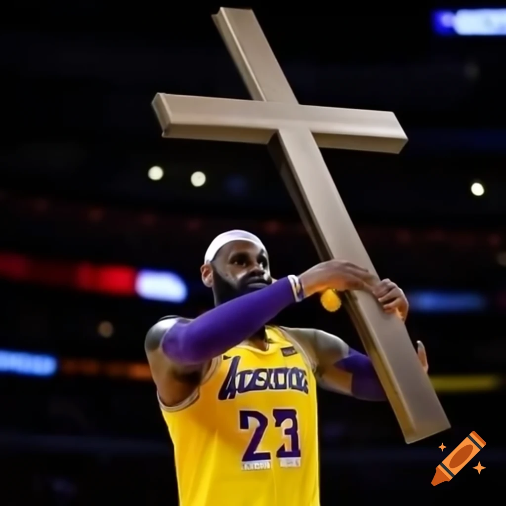 Lebron james carrying a basketball backboard in a dramatic pose on Craiyon