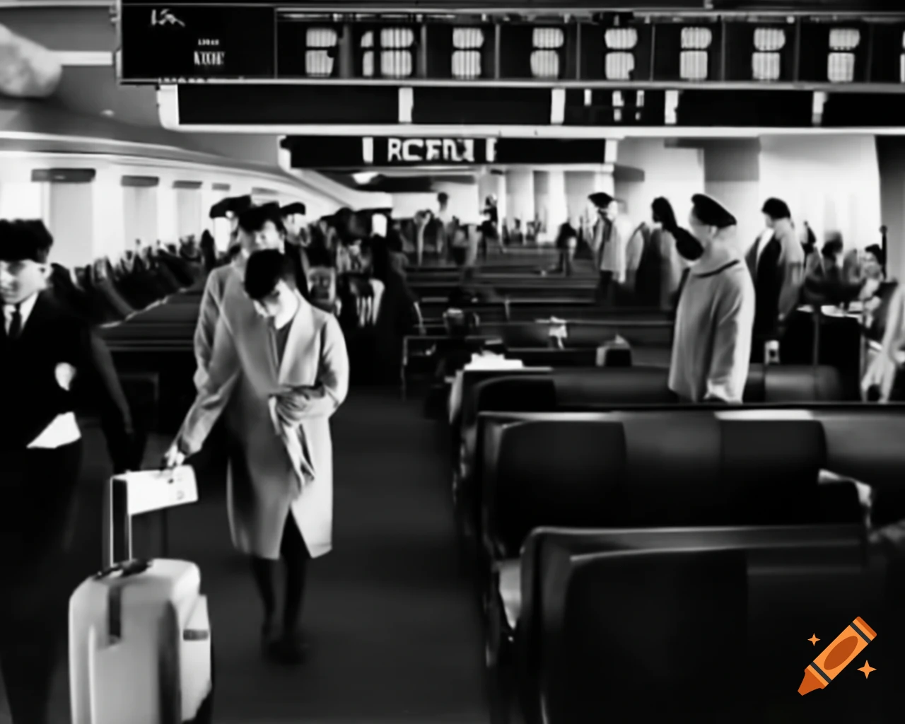 1950s Tokyo airport scene with customs officers and travelers on Craiyon