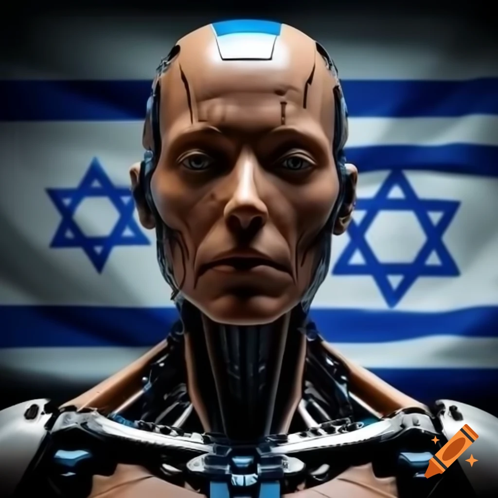 Futuristic cyborg body with human face and Israel flag colors on Craiyon