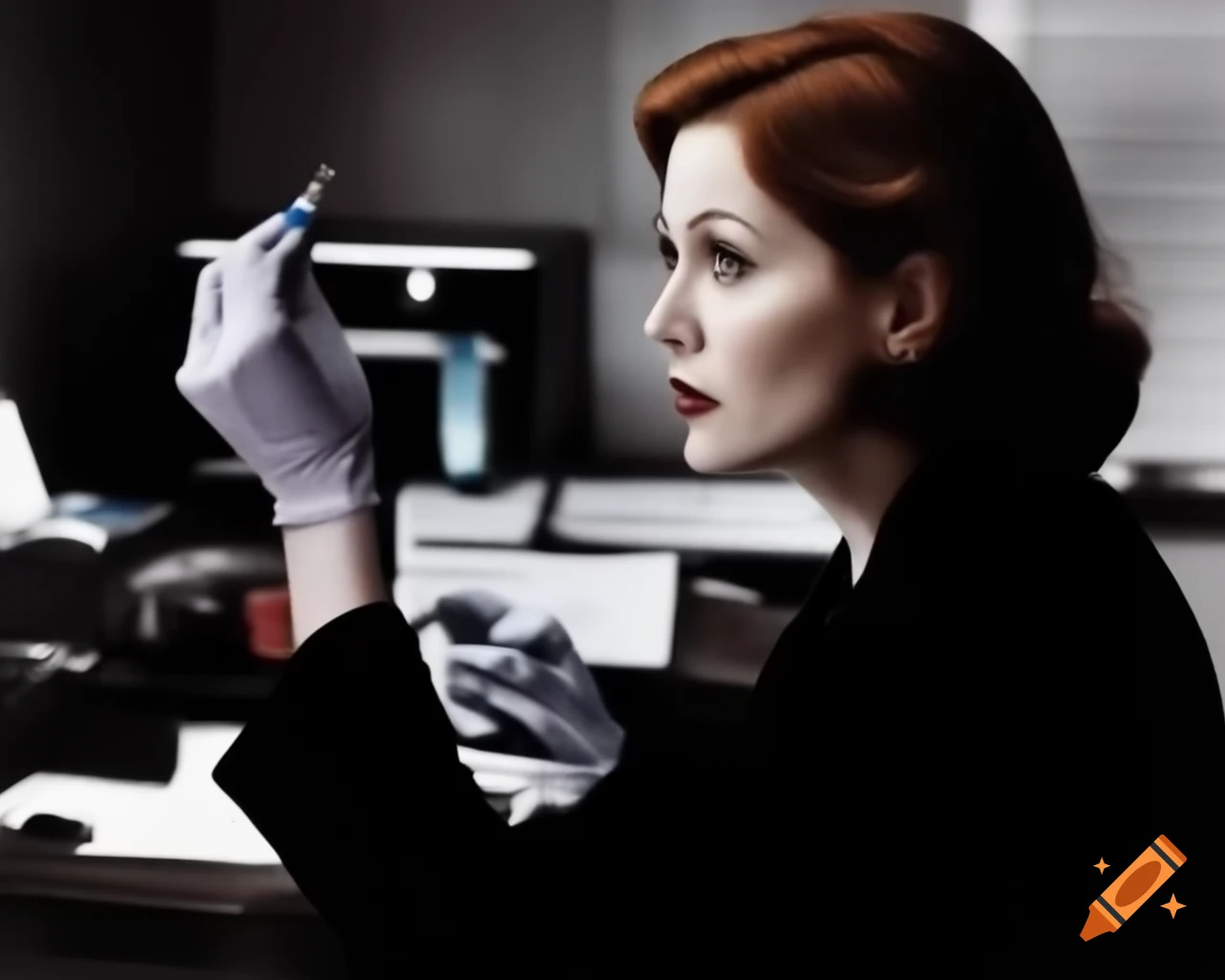 Dana Scully examining test tube with nasal implant in Fox Mulder's ...