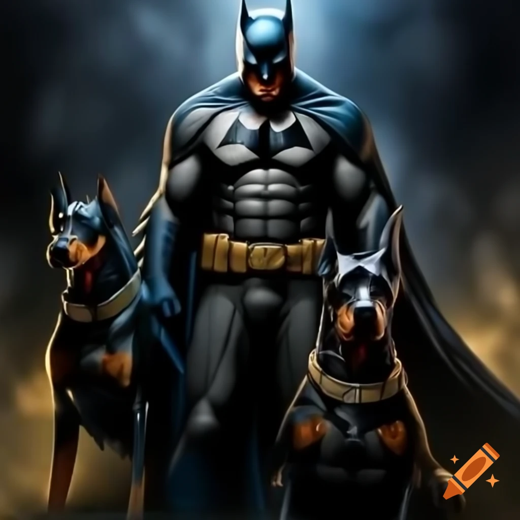 Batman with two Doberman dogs standing guard in shadows on Craiyon