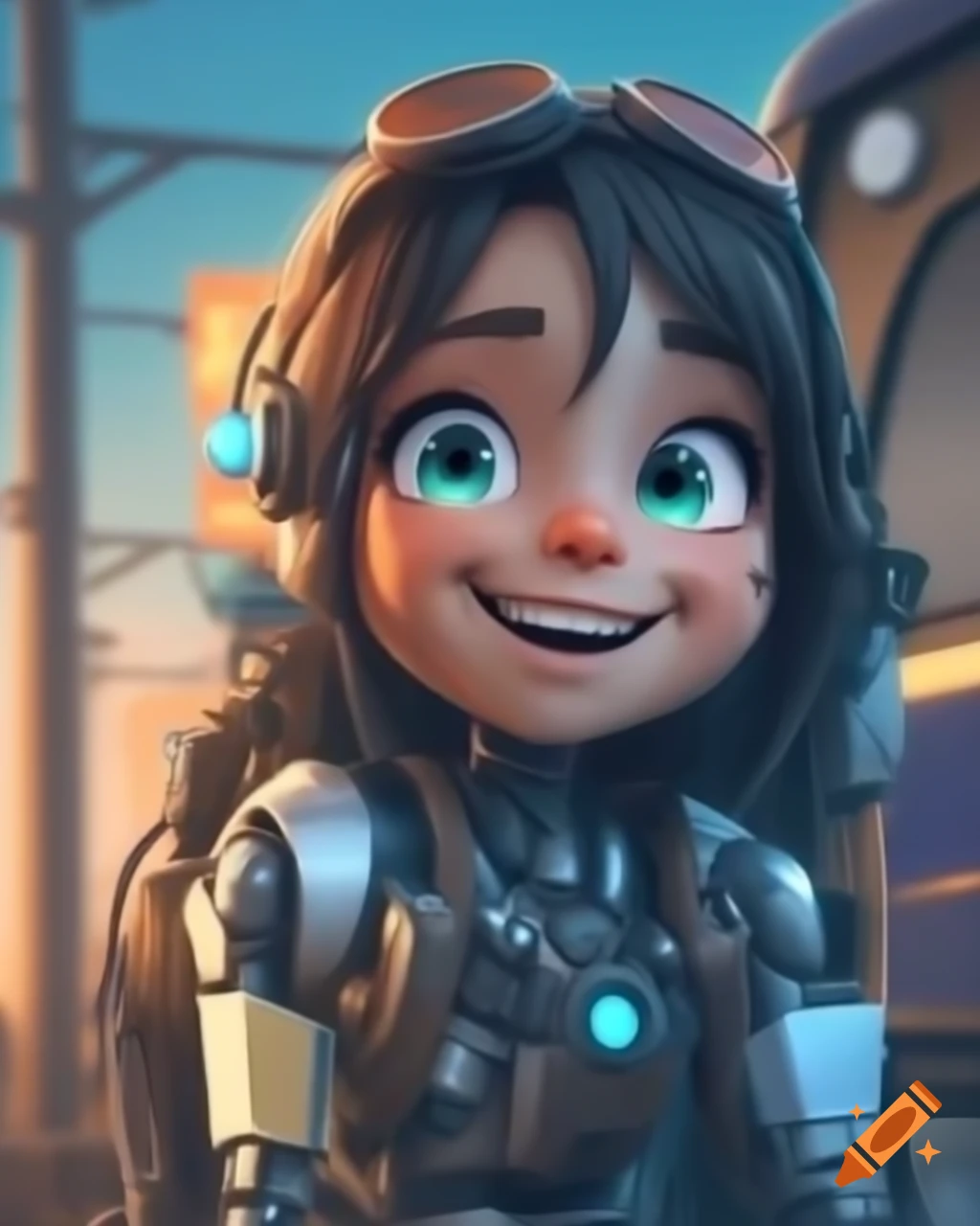 Cheerful cyborg girl with train torso in anime style on Craiyon