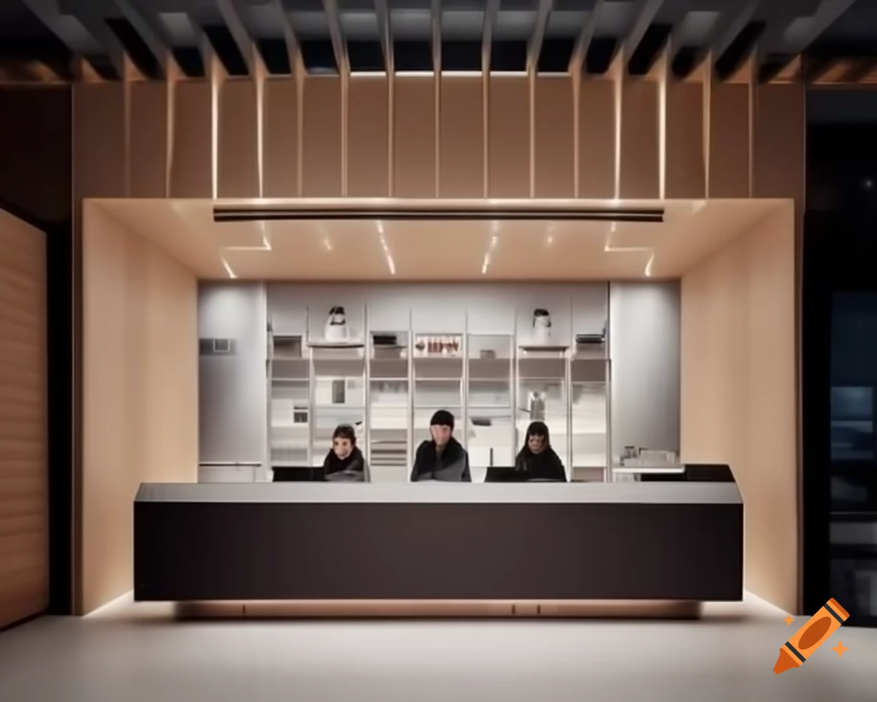 Modern dealership interior featuring reception desk without cars on Craiyon