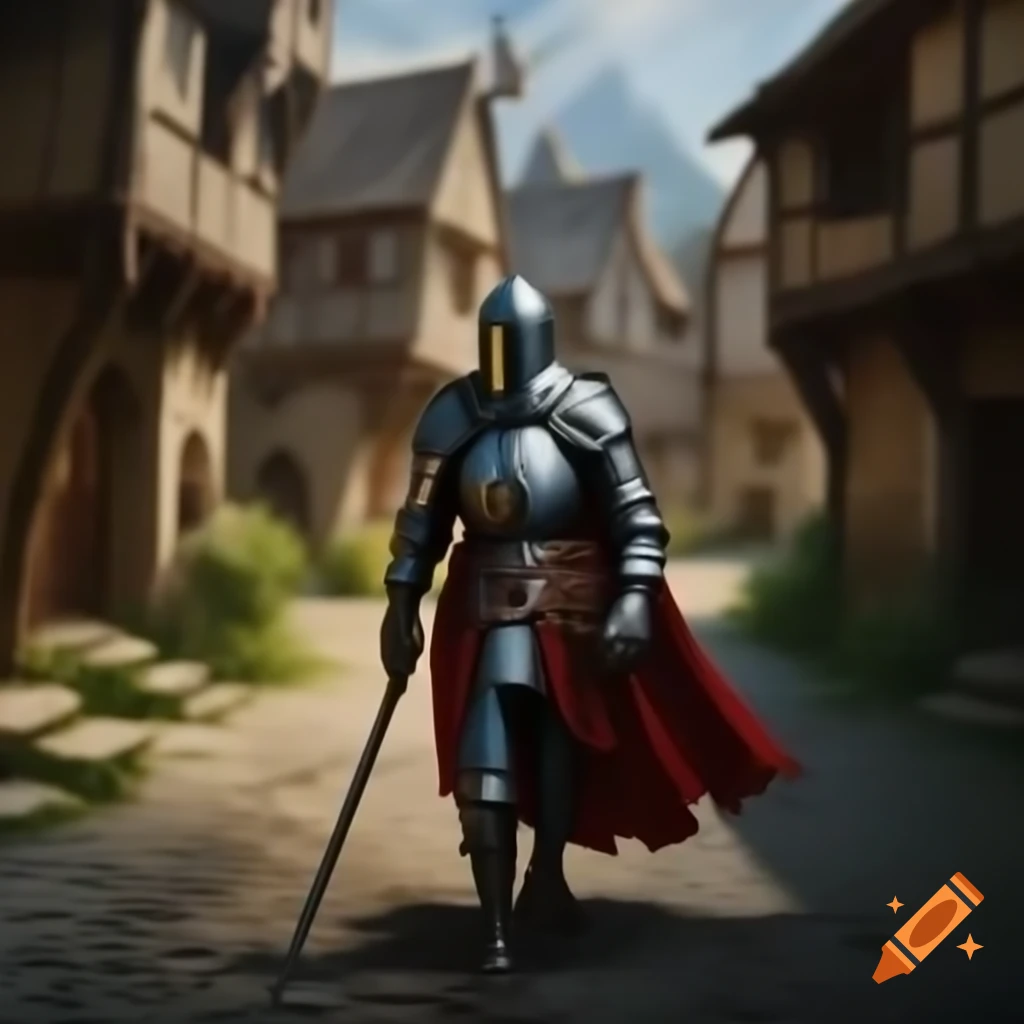 Knight walking through a realistic medieval village on Craiyon