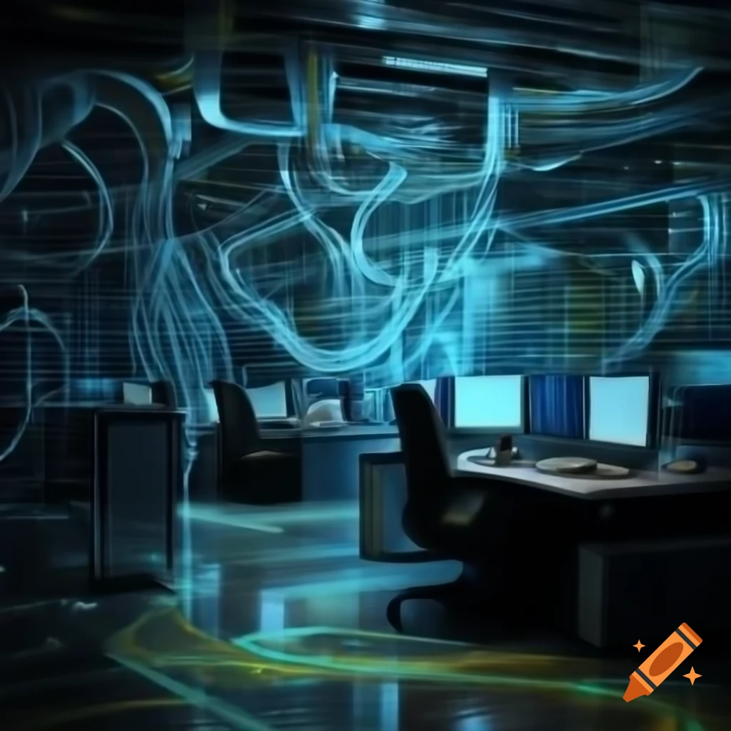 Abstract digital painting of high-tech computer lab with binary code ...