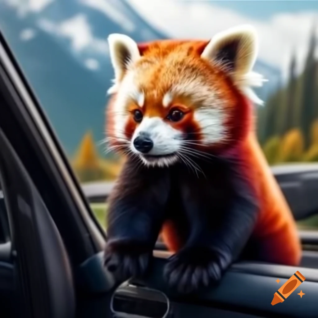 Realistic red panda inside car near mountain on Craiyon