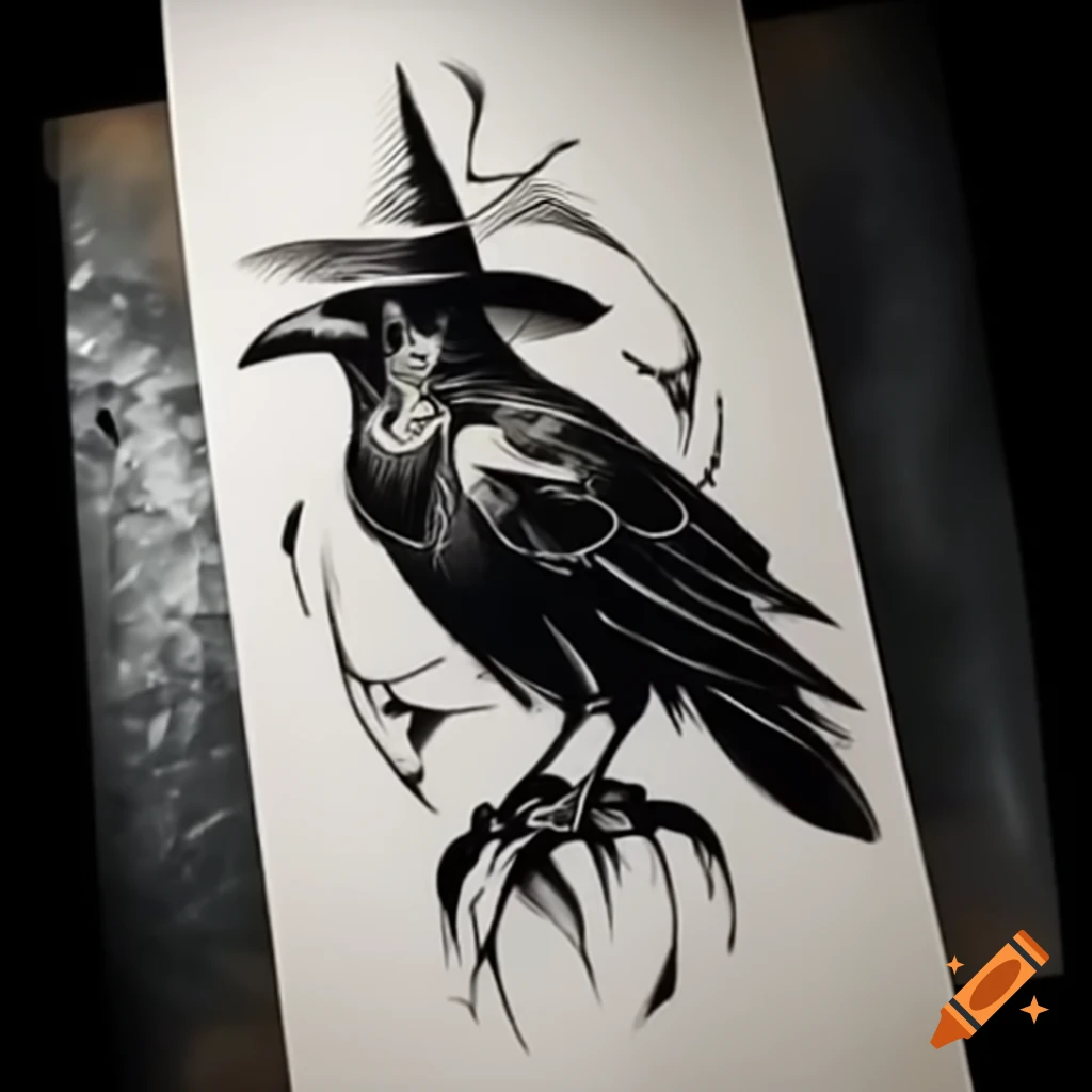Realistic raven stencil with oversized witch hat, black line art on Craiyon