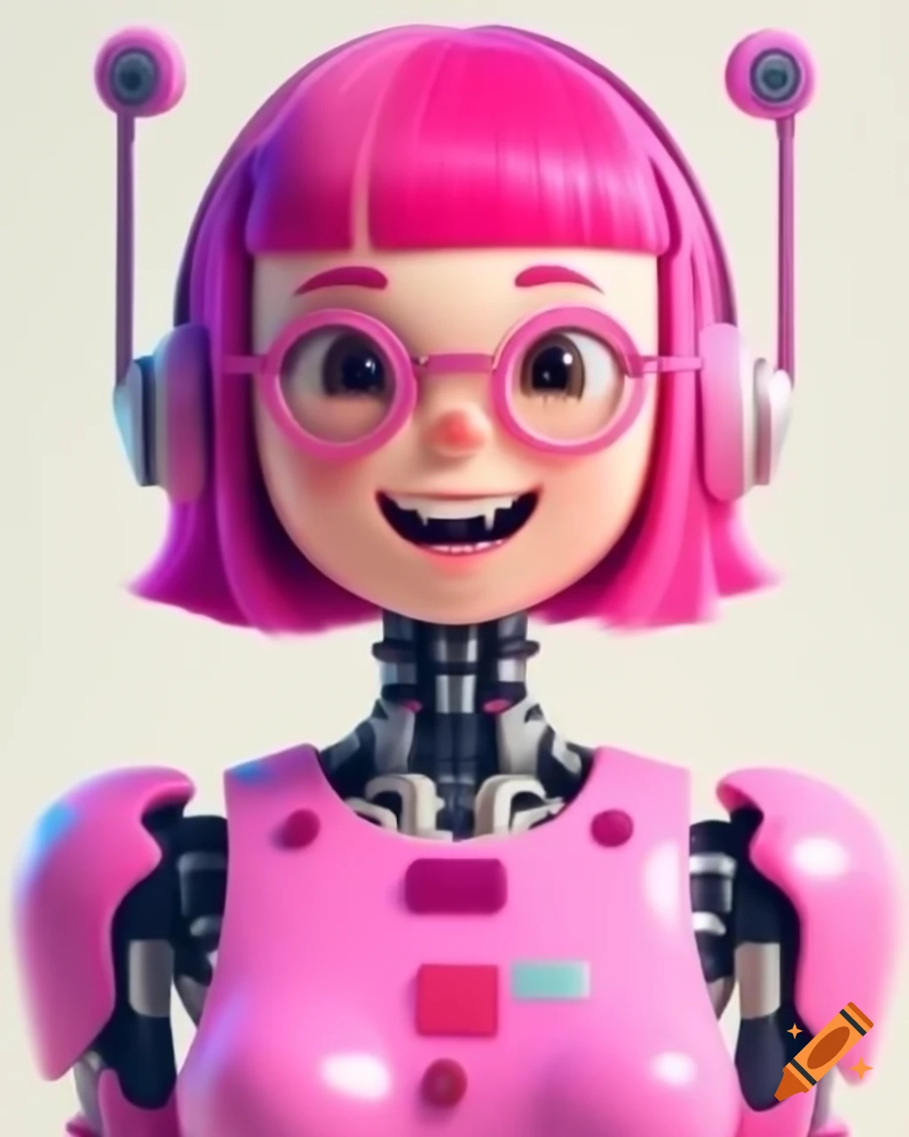 Cheerful pink cyborg girl with steampunk torso in anime style on Craiyon